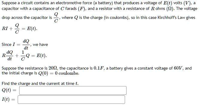 SOLVED: A capacitor with a capacitance of C farads (F), and a resistor with a resistance of R ...