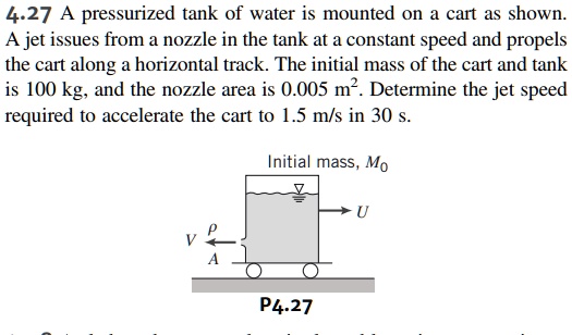 4.27 A pressurized tank of water is mounted on a cart as shown. A jet ...