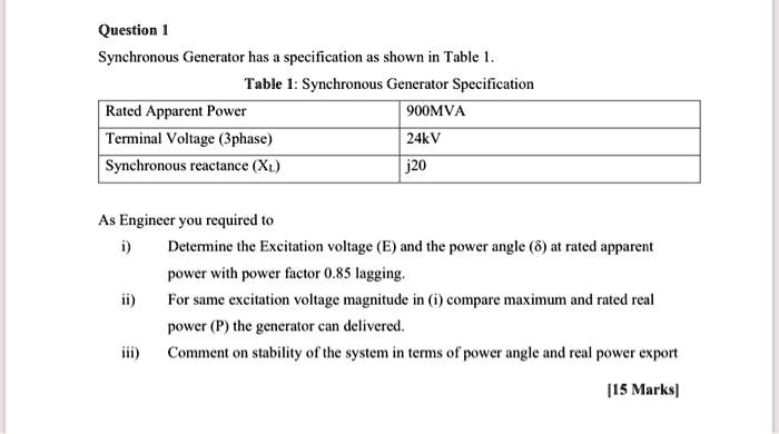 SOLVED: Text: Question 1: A Synchronous Generator has a specification ...