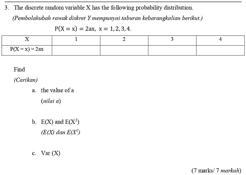 the discrete random variable x has the following probability distribution pembolahubah rawak ...