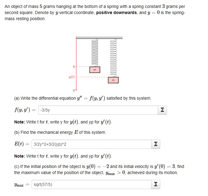 An object of mass 5 grams hanging at the bottom of a spring with spring ...