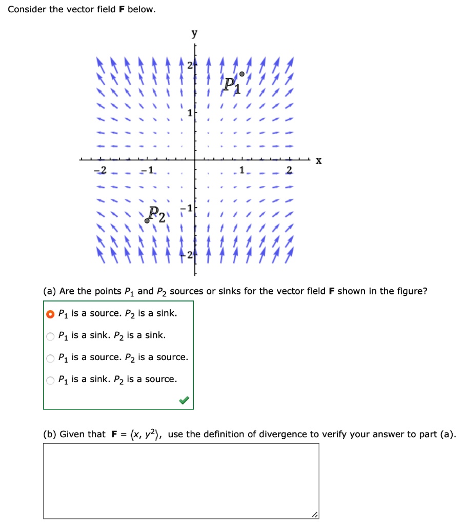Consider the vector field F below. y 2 1 • P1 1 x -2 -1 1 2 P2 -1 -2 (a) Are the points P? and P ...