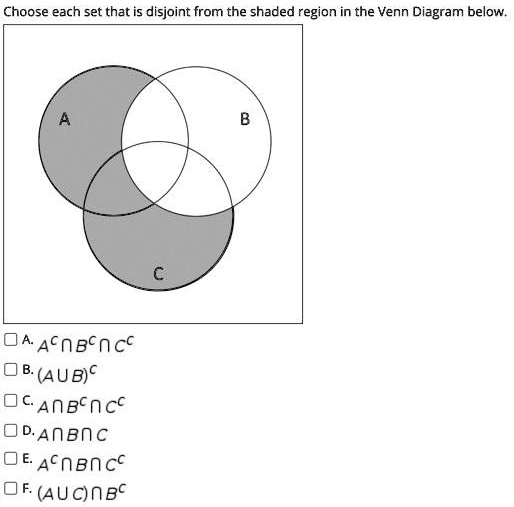 choose each set that is disjoint from the shaded region in the venn diagram below anbcncc aubc ...