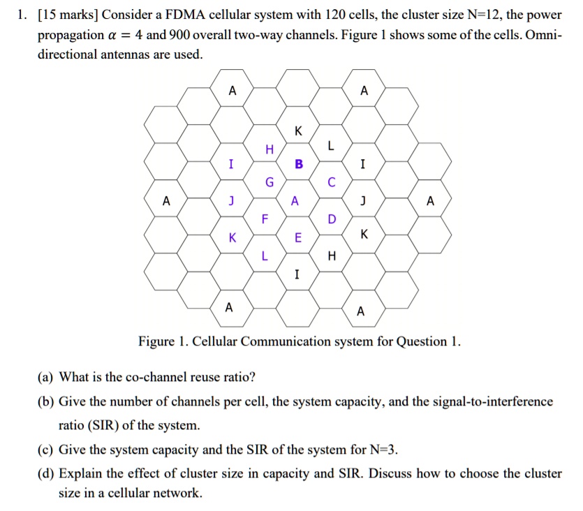 [15 marks] Consider a FDMA cellular system with 120 cells, the cluster size N=12, the power ...
