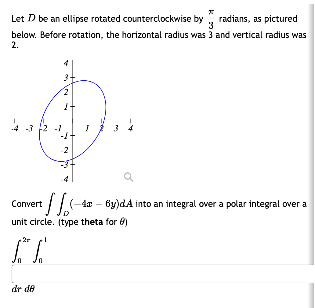 Let D be an ellipse rotated counterclockwise by (π)/(3) radians, as pictured below. Before ...