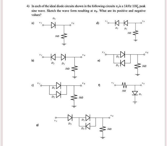 SOLVED: In each of the ideal diode circuits shown in the following diagrams, V is a 1kHz 10V ...
