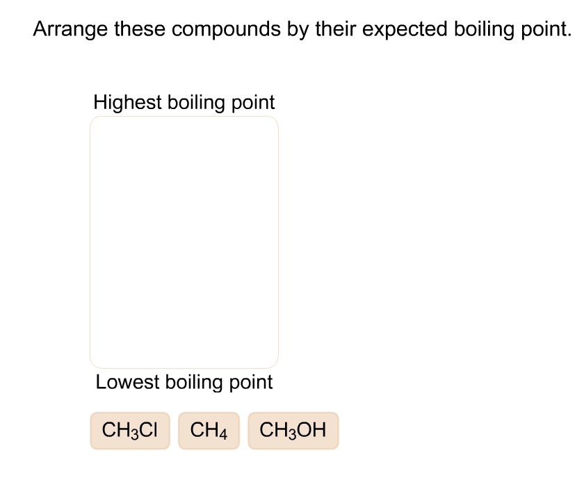 Arrange these compounds by their expected boiling point. Highest boiling point Lowest boiling ...