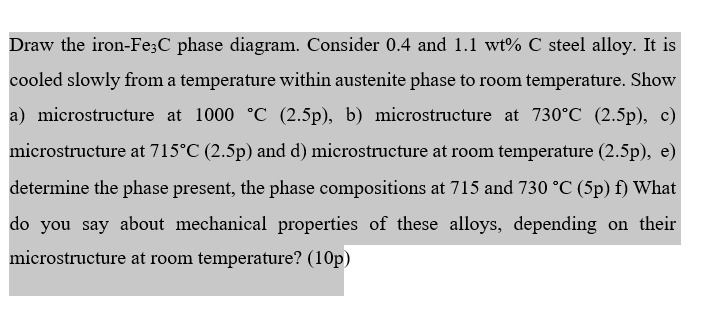 SOLVED: Draw the iron-FeC phase diagram. Consider 0.4 and 1.1 wt% C ...