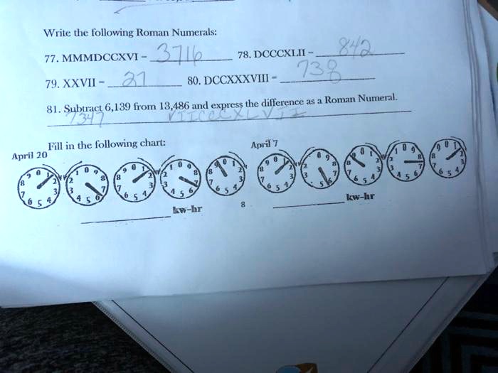 Write the following Roman Numerals: 77. MMMDCCXVI 81. DCCCXLII 79 ...