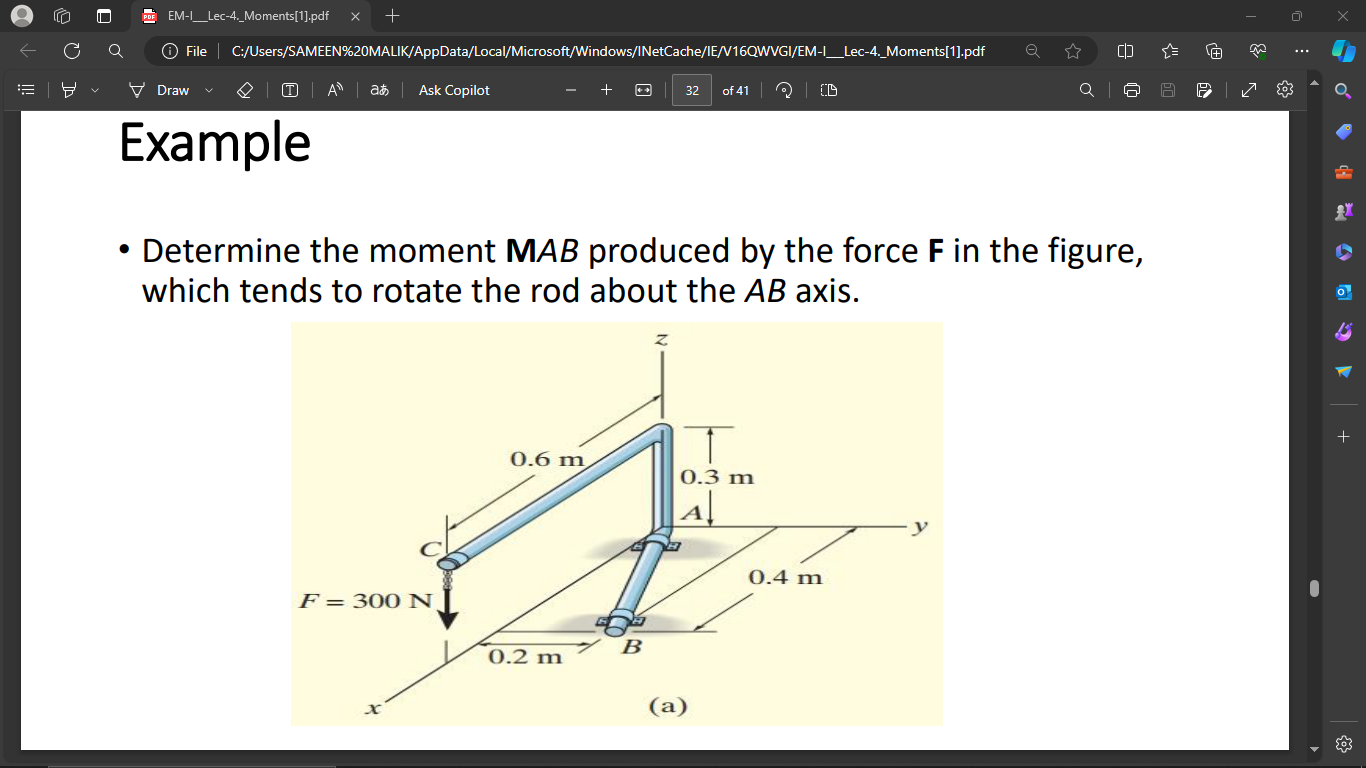 Example - Determine the moment 𝐌 A B produced by the force 𝐅 in the ...