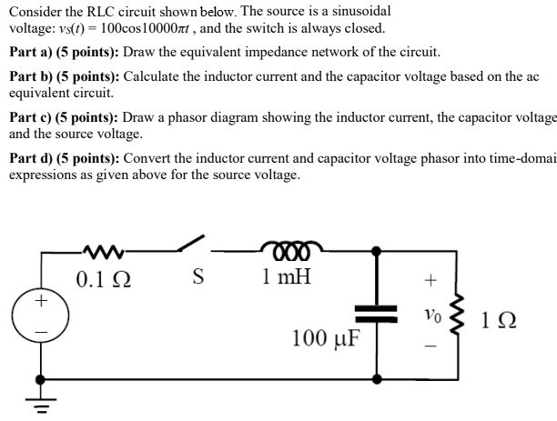 Consider the RLC circuit shown below. The source is a sinusoidal voltage: vs(t) = 100cos10000π t ...