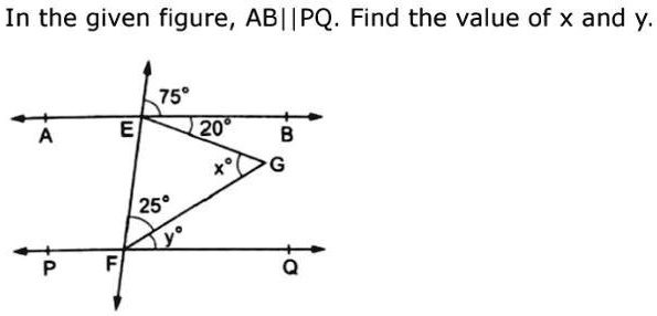 SOLVED: 'In the given figure, AB // PQ, find the value of x and y?'