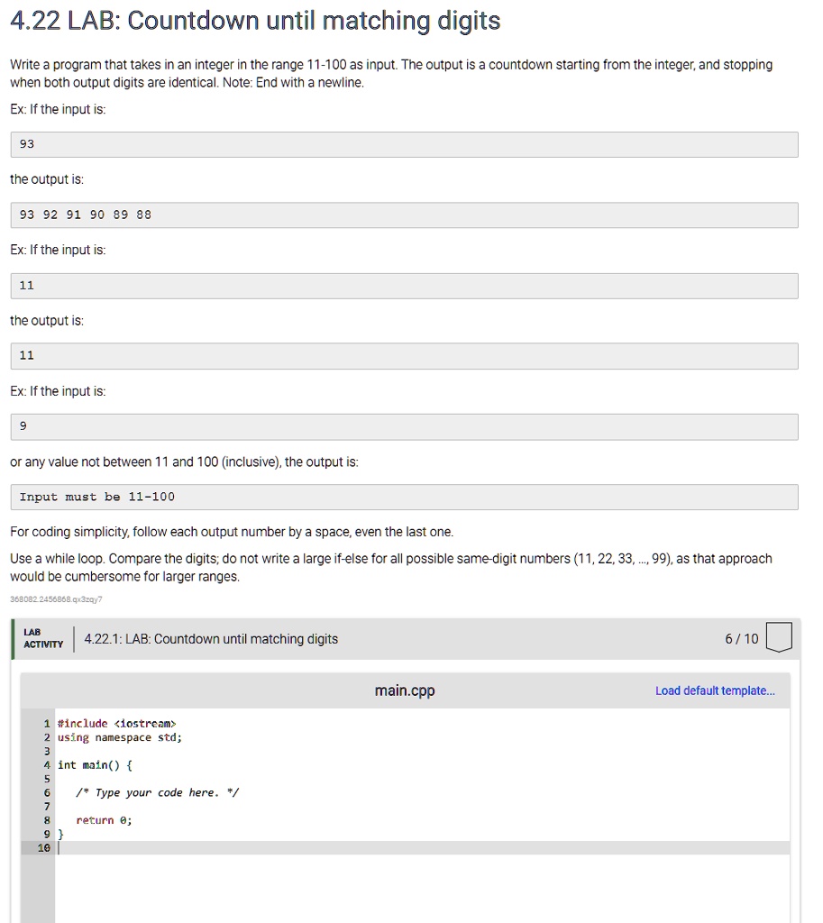 422 Lab Countdown Until Matching Digits Write A Program That Takes In An Integer In The Range 6857