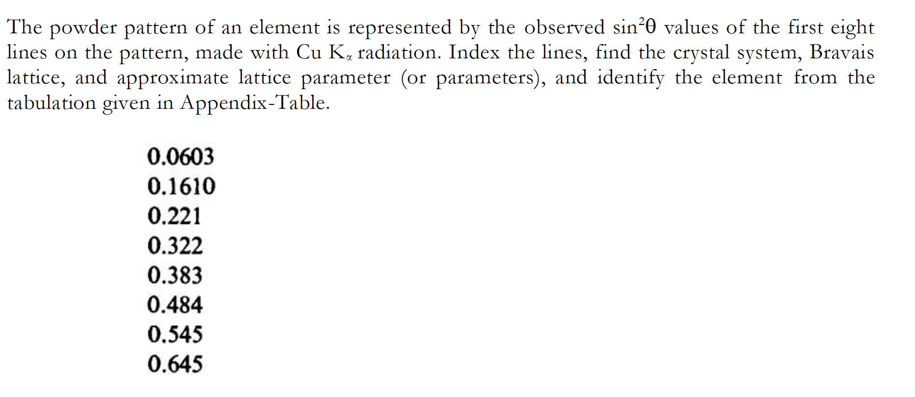 The powder pattern of an element is represented by the observed sin ^2θ values of the first ...