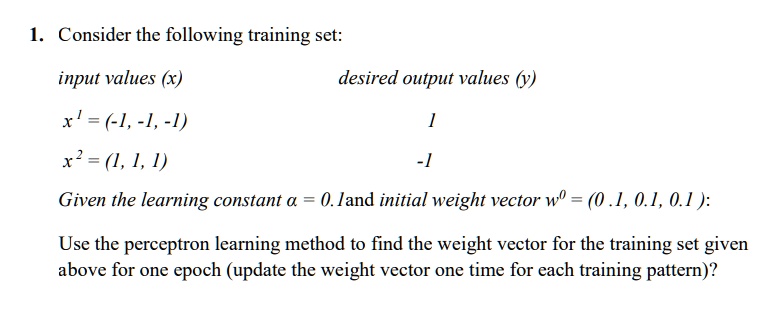 SOLVED: Consider the following training set: Input values (x) Desired output values (y) x1 = (-1 ...