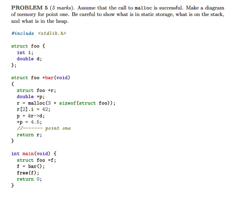 PROBLEM 5 (5 marks). Assume that the call to malloc is successful. Make a diagram of memory for ...