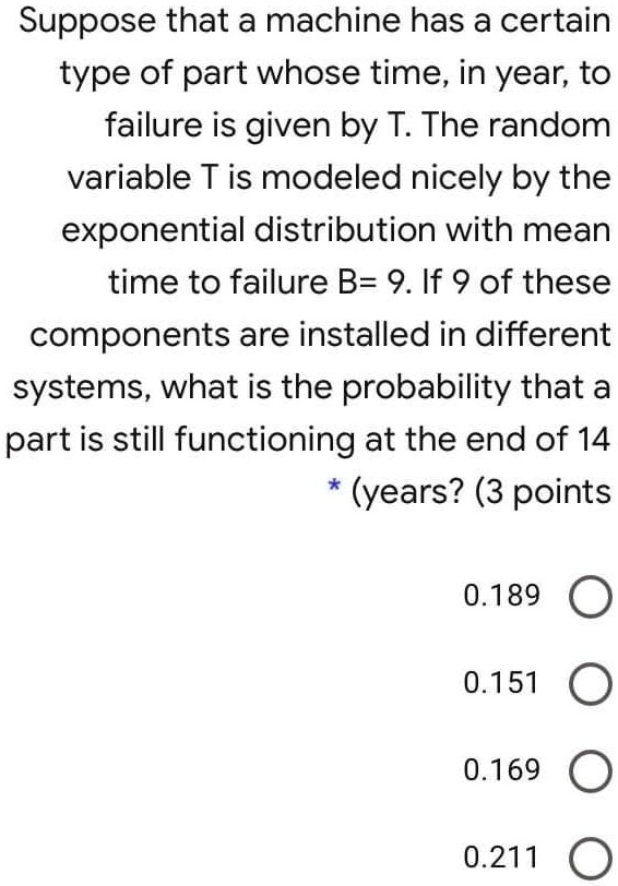 SOLVED: Suppose that a machine has a certain type of part whose time, in year; to failure is ...