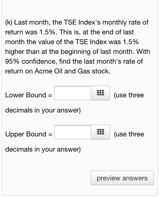 last month the tse indexs monthly rate of return was 15 this is at the ...