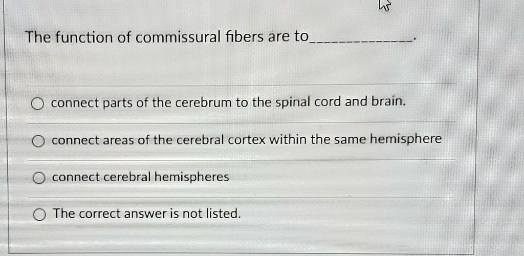 The function of commissural fibers are to connect parts of the cerebrum ...
