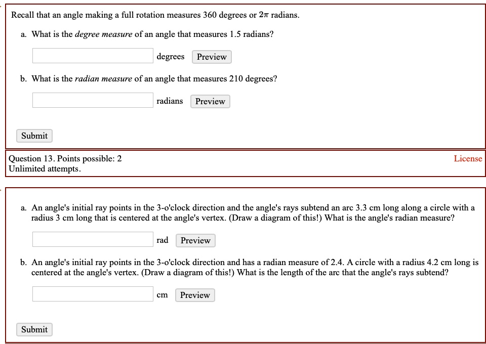Solved Recall That An Angle Making Full Rotation Measures 360 Degrees O Zw Radians What Is The