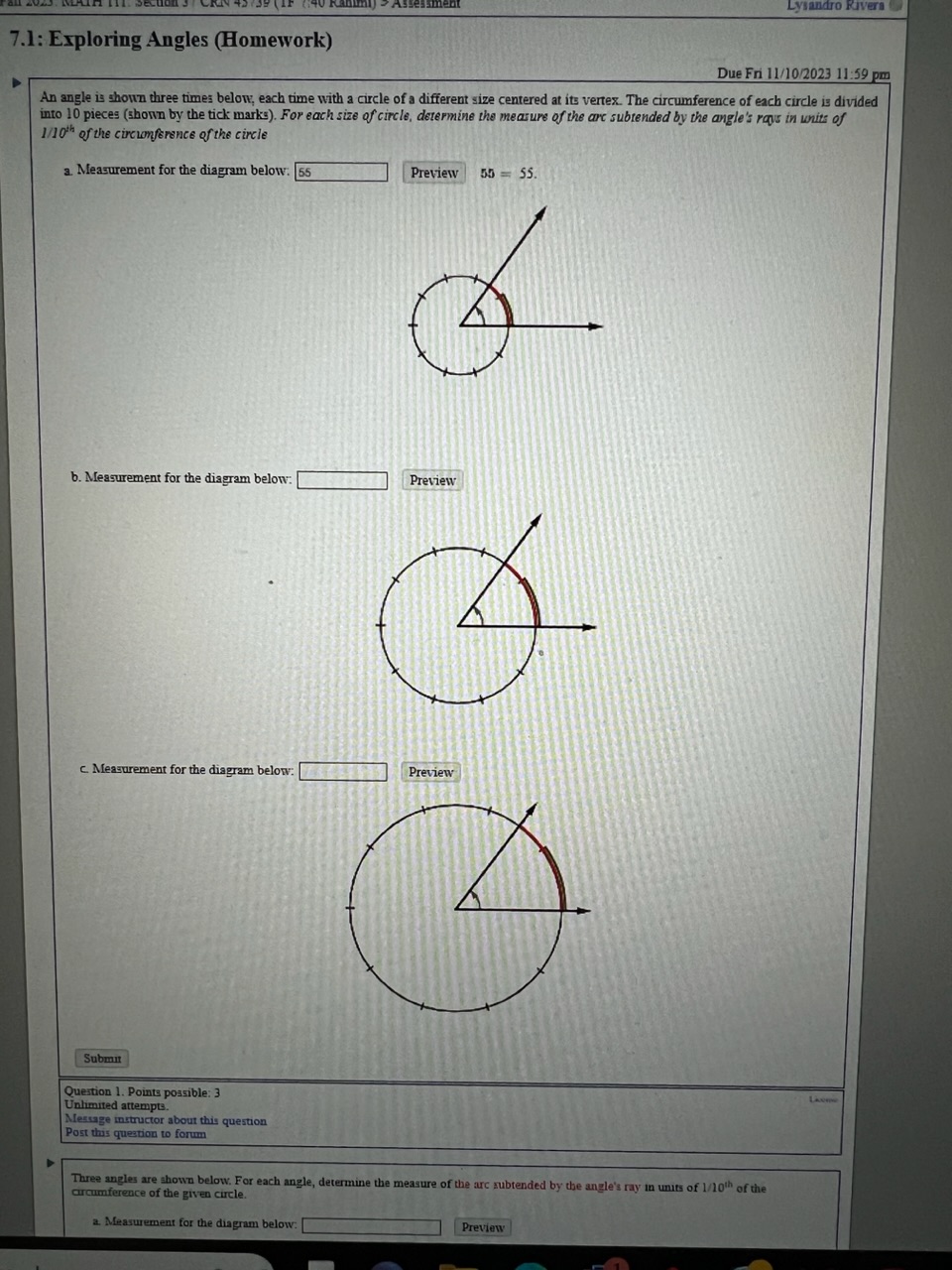 an angle is shown three times below each time with a circle of a ...