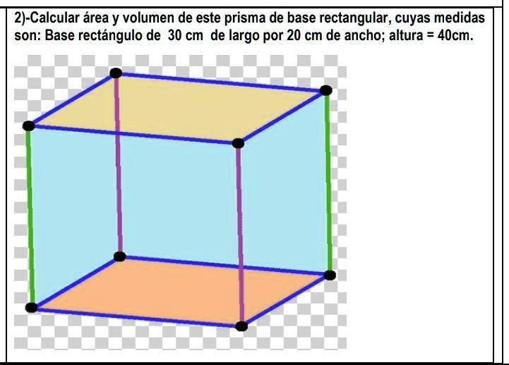 SOLVED: 2)-Calcular área y volumen de este prisma de base rectangular ...