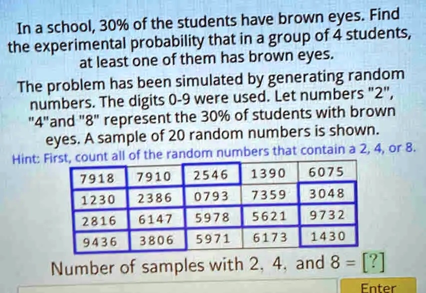 SOLVED: In a school, 30% of the students have brown eyes. Find the ...