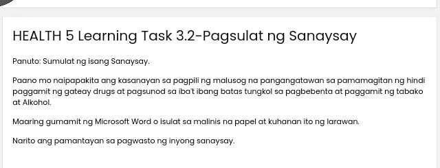 SOLVED: Last na to ngayon patulong mga lodicakes HEALTH 5 Learning Task ... SOLVED: Last na to ngayon patulong mga lodicakes HEALTH 5 Learning Task ...