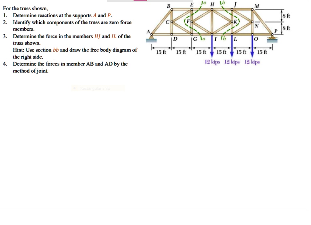 For the truss shown, 1. Determine reactions at the supports A and P. 2 ...