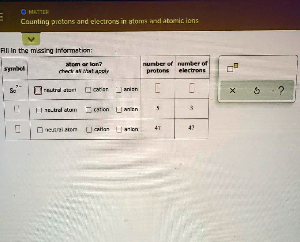 SOLVED: MATTER Counting protons and electrons in atoms and atomic ions Fill in the missing ...