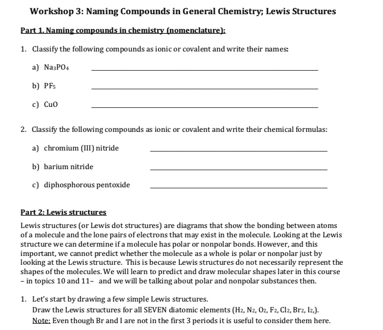 workshop 3 naming compounds in general chemistry lewis structures part ...