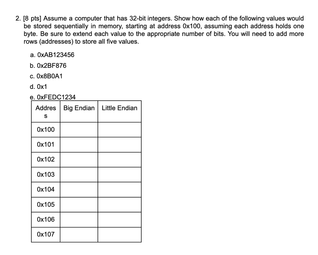SOLVED: Texts: 2. [8 pts] Assume a computer that has 32-bit integers ...