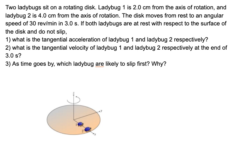 two ladybugs sit on a rotating disk ladybug 1 is 20 cm from the axis of rotation and ladybug 2 ...