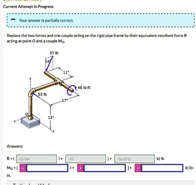 Current Attempt in Progress - Your answer is partially correct. Replace the two forces and one ...