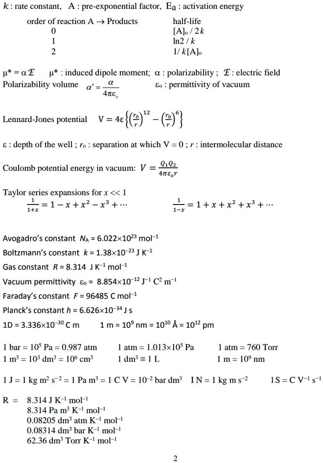 Rate constant; Pre-exponential factor; Ea activation energy; Order of ...