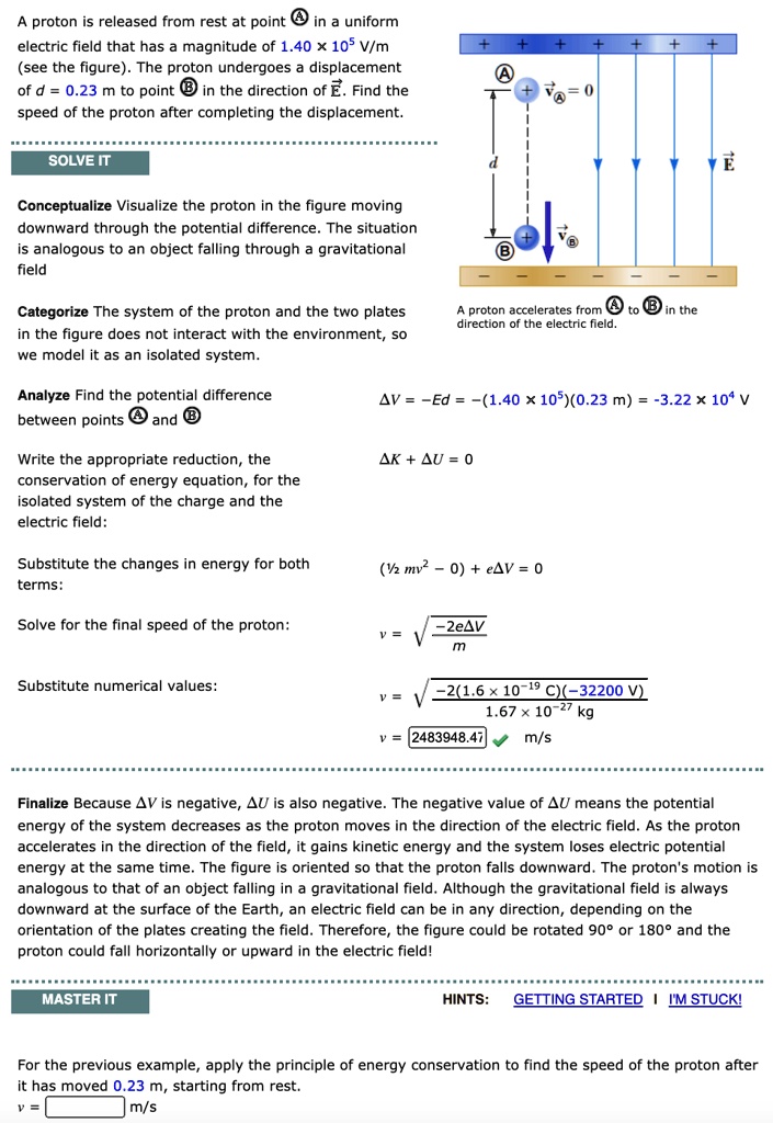 SOLVED: A proton released from rest at point @ in uniform electric field that has magnitude of 1 ...