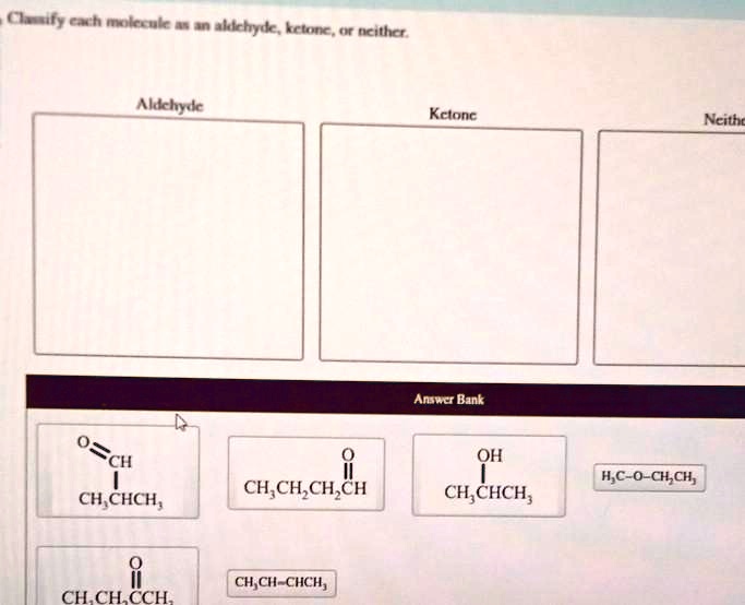 SOLVED: Classify each molecule as an aldehyde, ketone, or neither ... SOLVED: Classify each molecule as an aldehyde, ketone, or neither ...