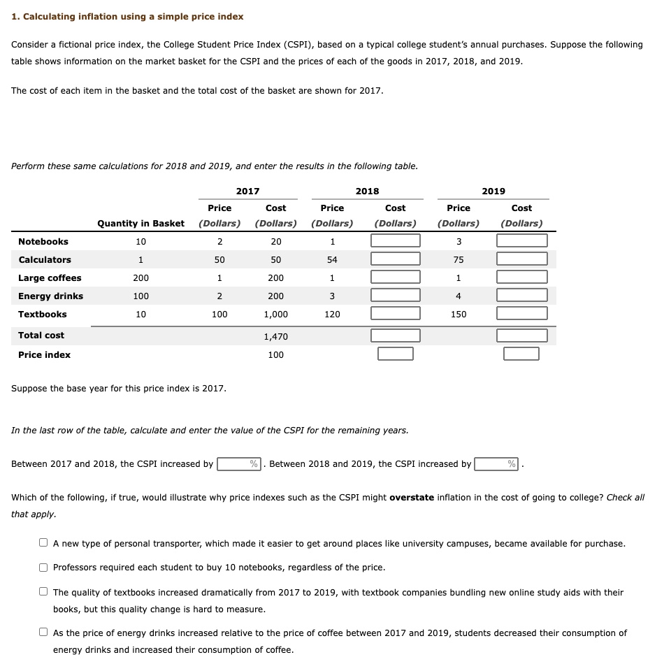 SOLVED: Calculating inflation using a simple price index Consider the ...