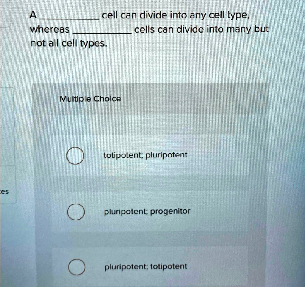A cell can divide into any cell type, whereas cells can divide into ...