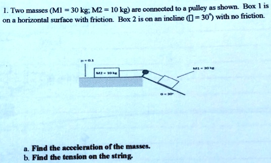 SOLVED: Two masses (M1 = 30 kg; M2 = 10 kg) are connected to a pulley ...