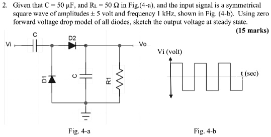 Given that C = 50 F, and R = 50 in Fig. 4-a, and the input signal is a symmetrical square wave ...