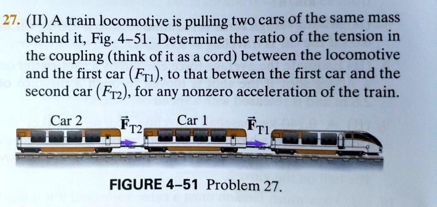 SOLVED: 27. (II) A train locomotive is pulling two cars of the same ...