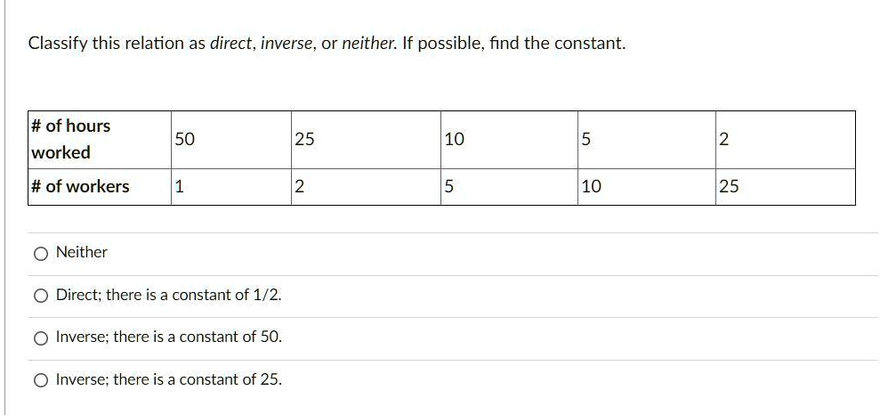 SOLVED: Classify this relation as direct; inverse, or neither: If ...