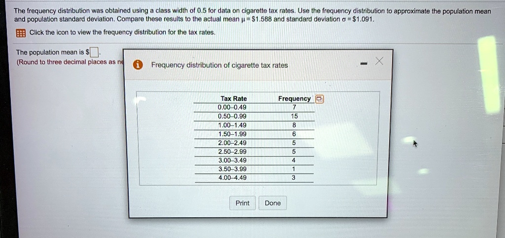SOLVED: The frequency distribution was obtained using class width of 0.5 for data on cigarette ...