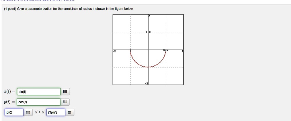SOLVED: point) Give parameterization for the semicircle of radius shown the figure below: r(t ...