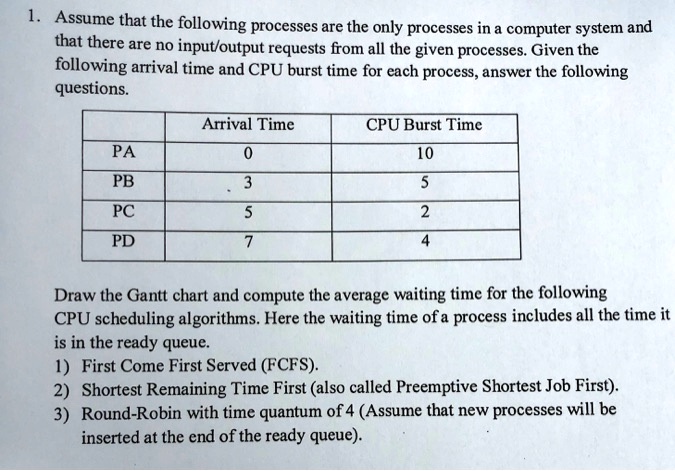 SOLVED: Operating Systems Following the arrival time and CPU burst time for each process, answer ...