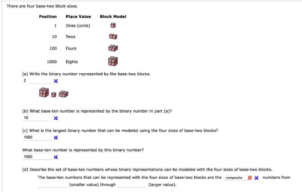 SOLVED: There are four base-two block sizes: Position Place Value Block ...