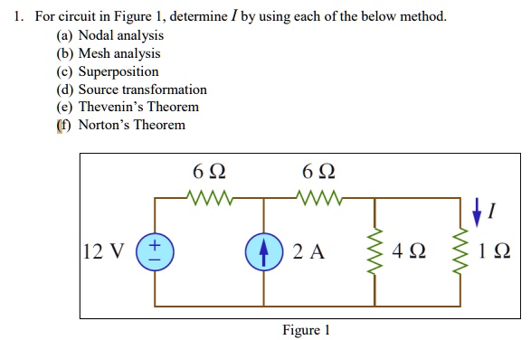 SOLVED: 1. For circuit in Figure 1,determine I by using each of the below method (a) Nodal ...