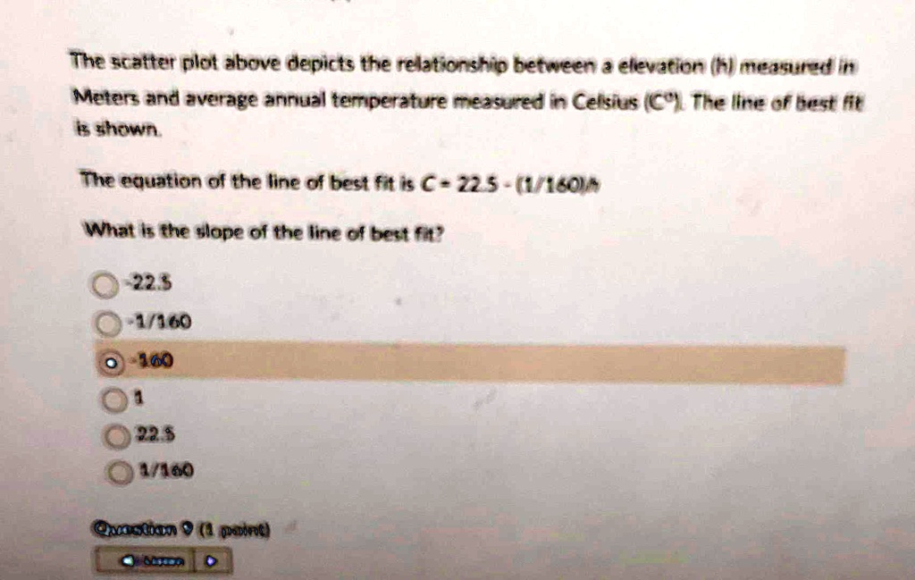SOLVED: The scatter plot above depicts the relationship between elevation (N) measured in meters ...