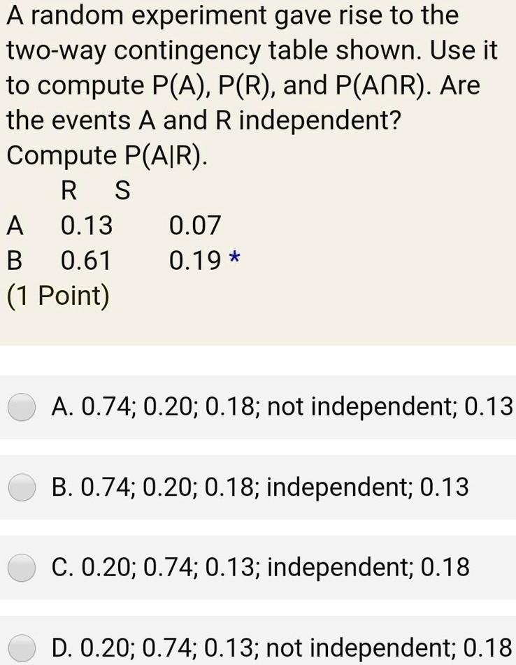 SOLVED: A random experiment gave rise to the two-way contingency table ...
